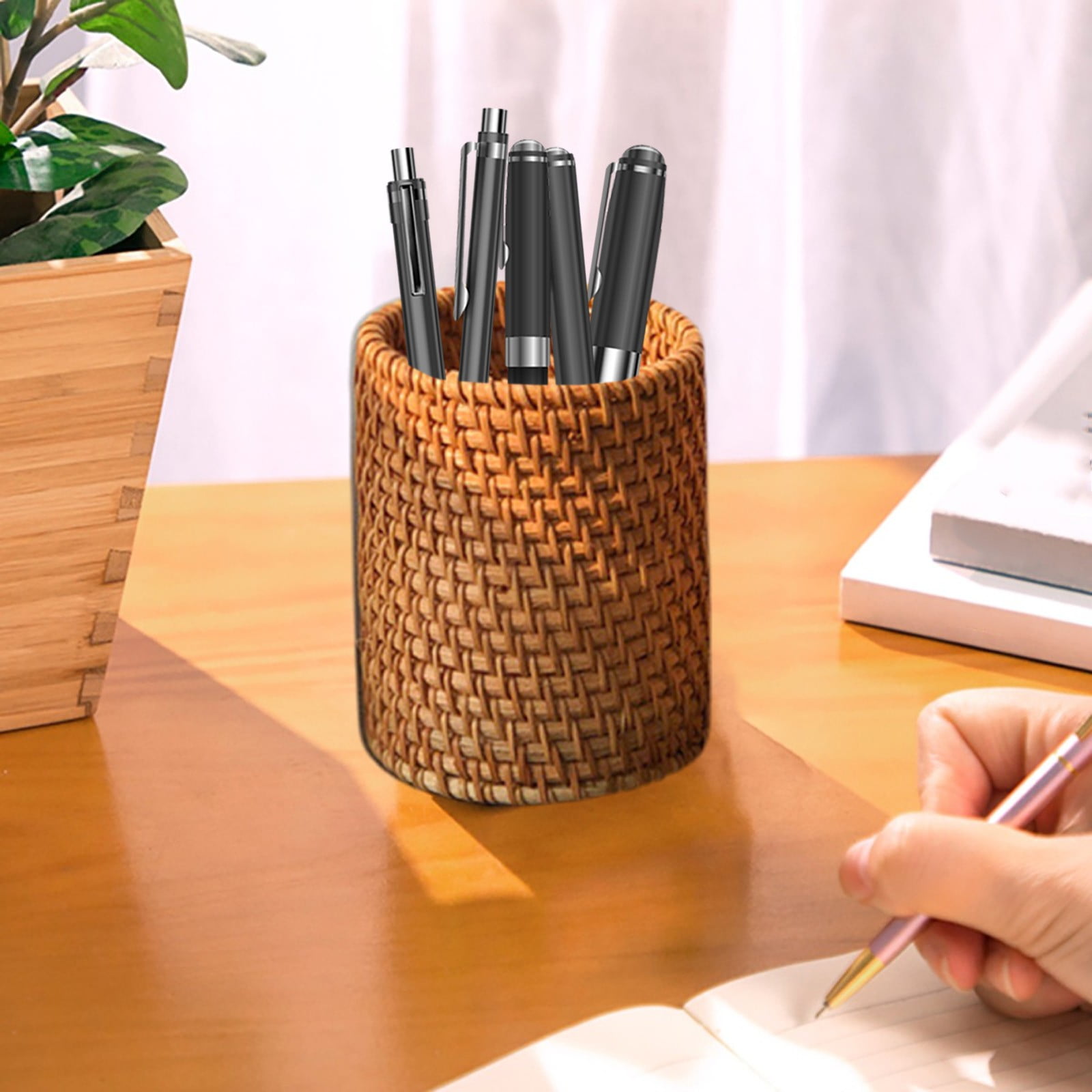 Woven Rattan Pen Holder Organizer | Circular Desktop Storage Basket ...