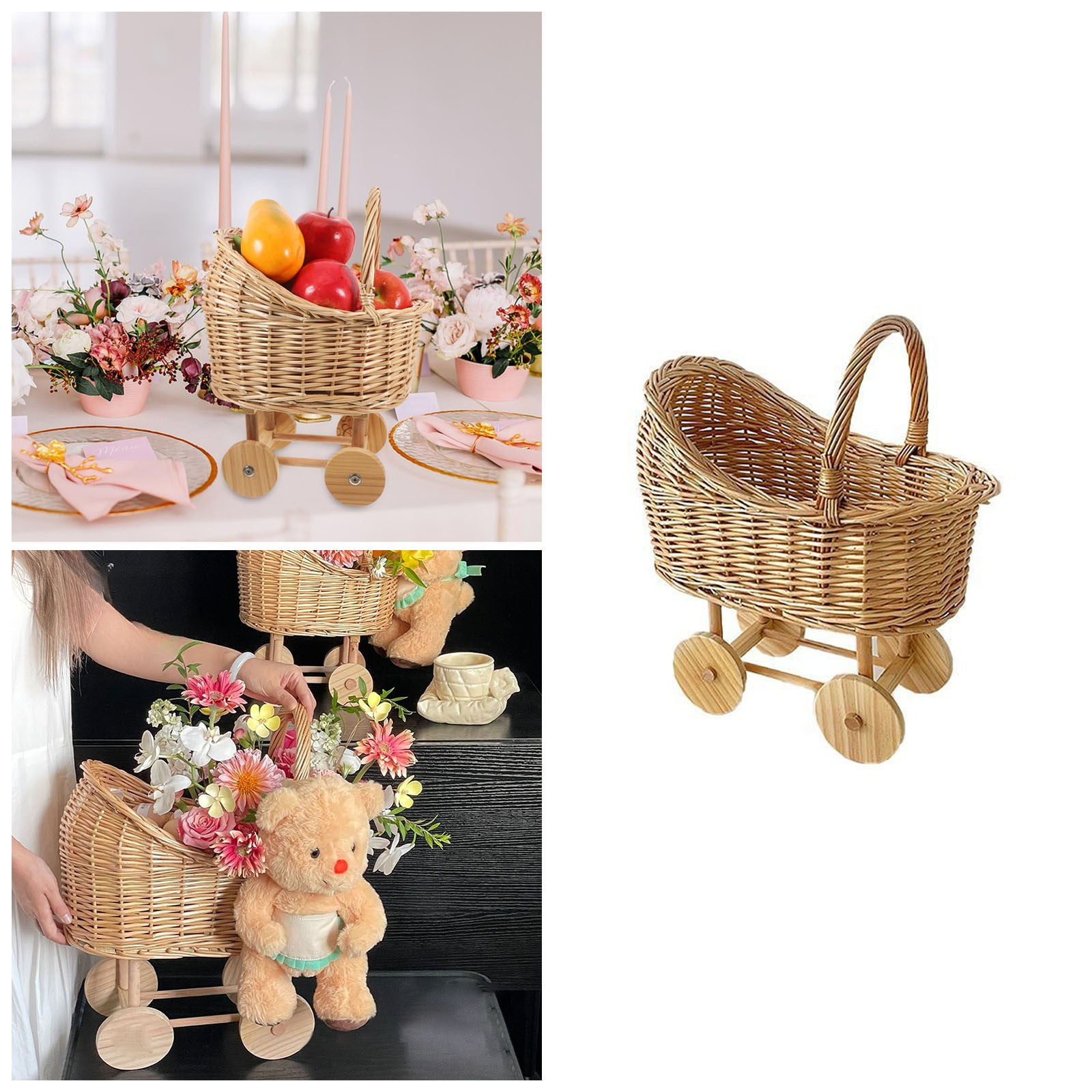Woven Rattan Stroller Shaped Flower Basket with Handle, Decorative ...