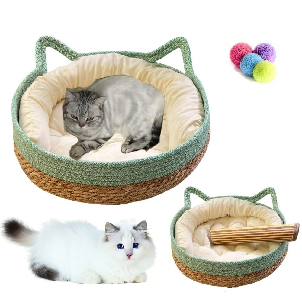 Woven Rope Cat Bed Basket Handwoven Cotton Rope Pet Nest with Built-in ...