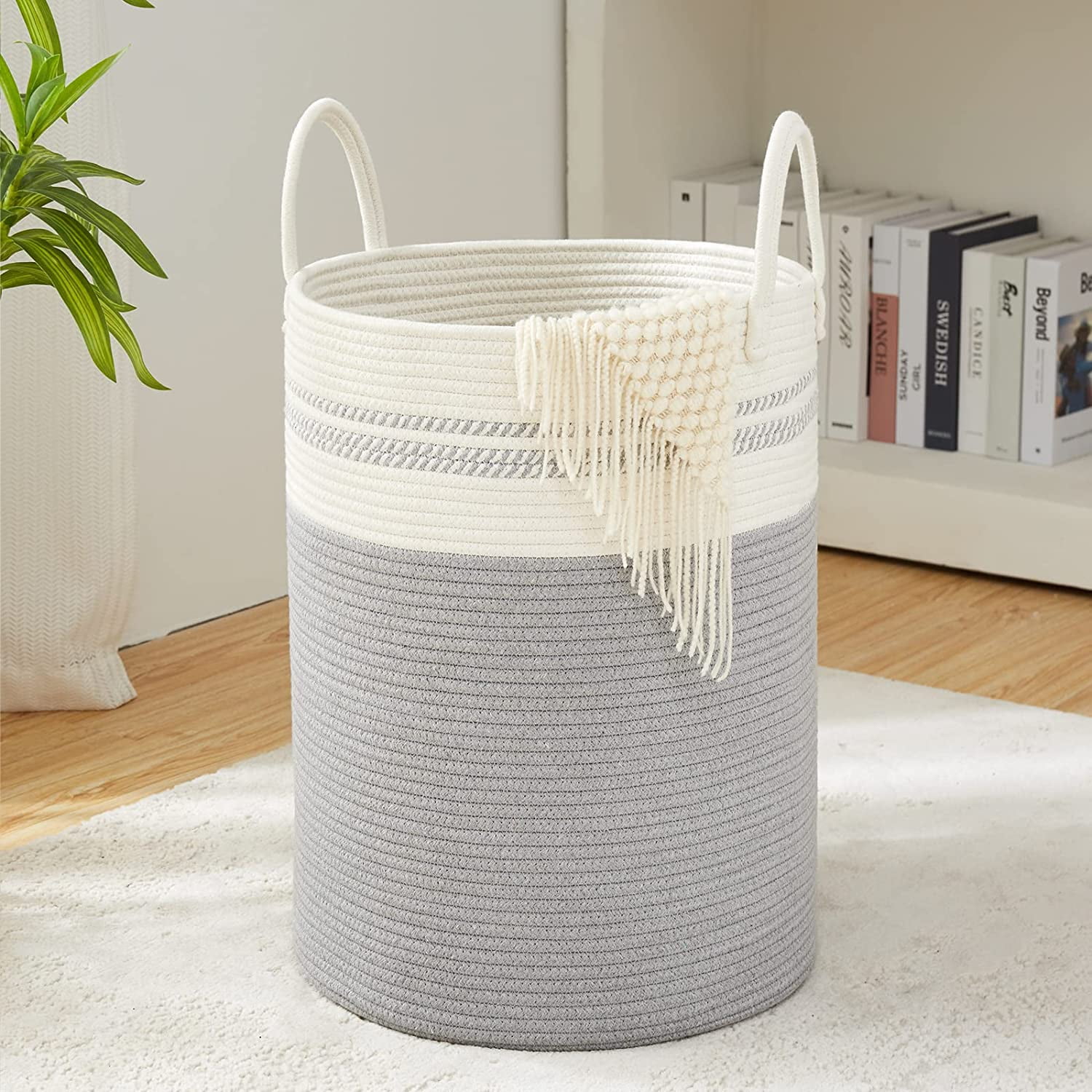 Woven Rope Laundry Hamper Basket, 58L Tall Luandry Basket, Baby Nursery ...