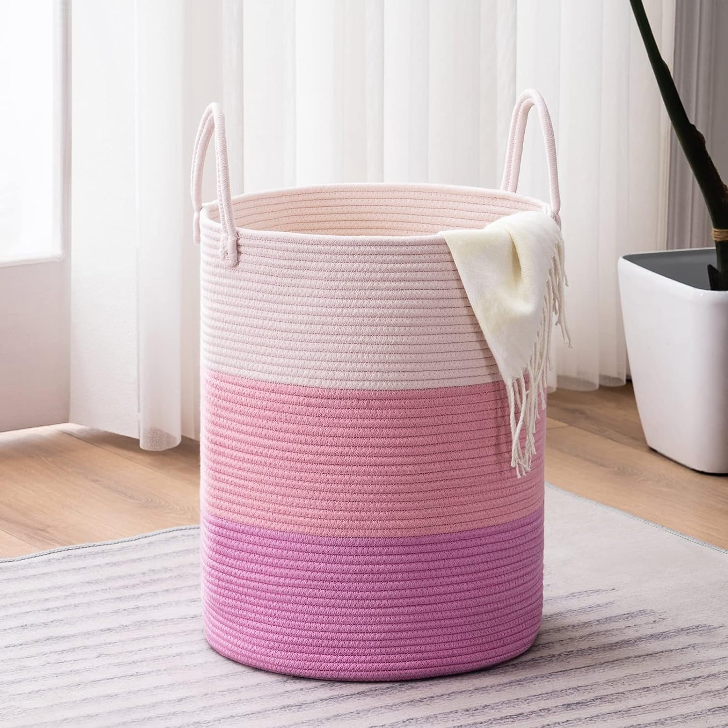 Woven Rope Laundry Hamper Basket, 58L Tall Luandry Basket, Baby Nursery ...