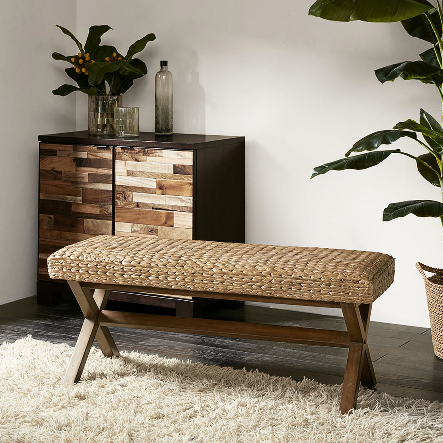 Woven Seagrass, Chestnut Finish - Indoor Bench for Dining and Bedroom ...
