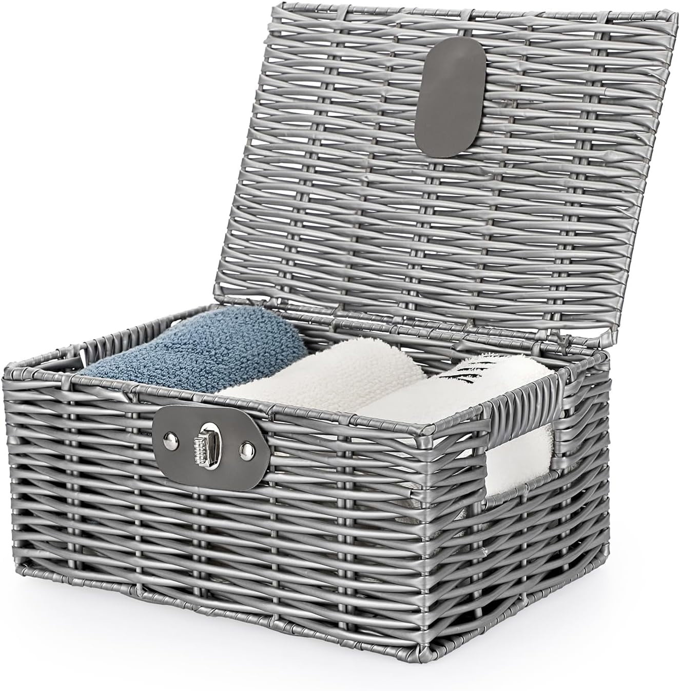 Woven Shelf Basket Bin with Lock & Handle - Lidded Plastic Storage ...