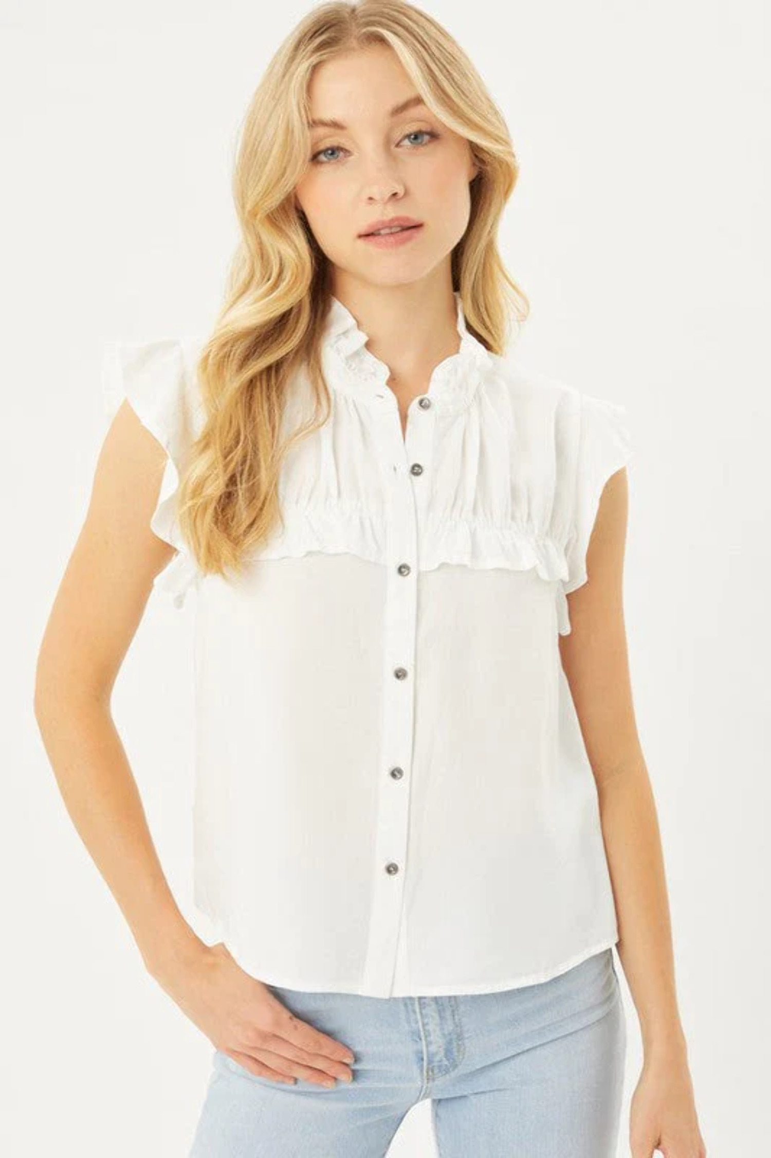 Woven Solid Ruffle Neck Button Front Blouse - Walmart.com