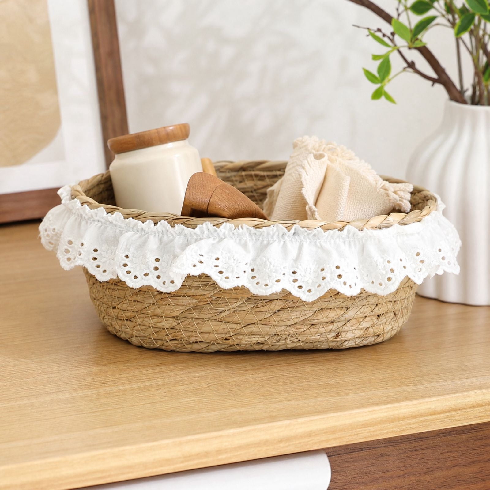 Woven Storage Basket, Lace Lined Desktop Organizer, Decorative Paper ...