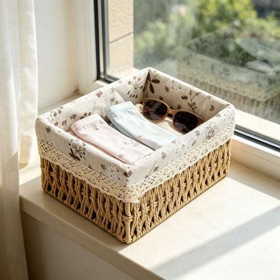 Woven Storage Basket, Rectangular Rattan Bin with Liner, Decorative ...