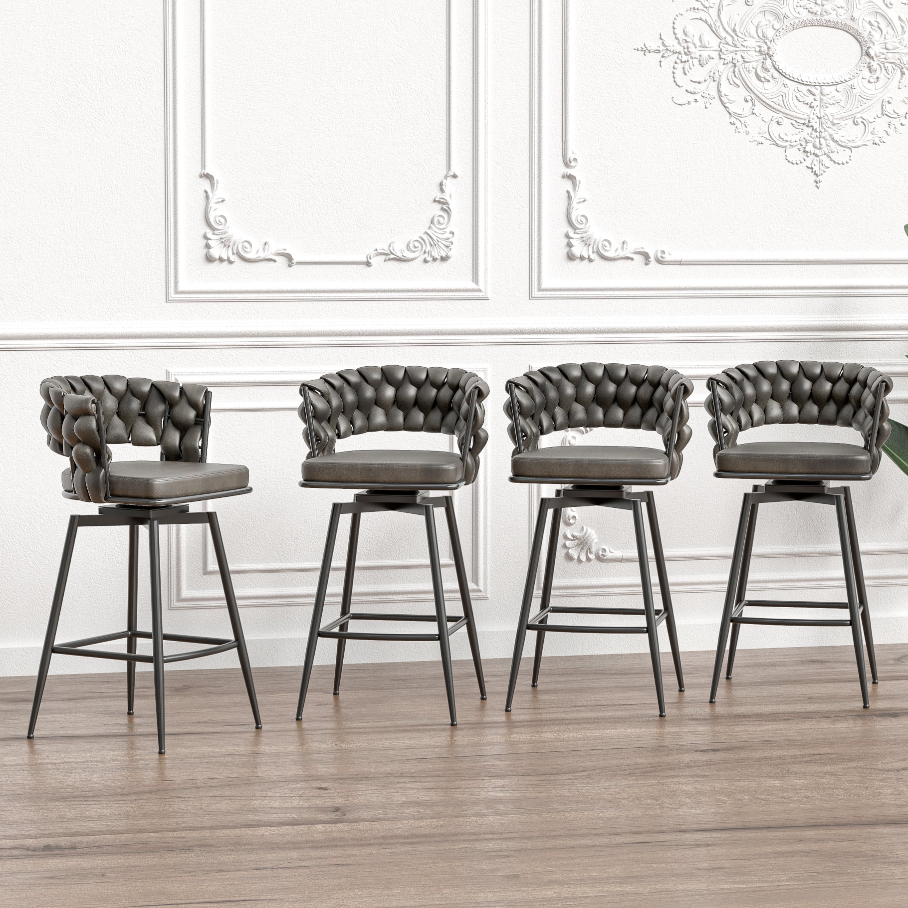 Woven Swivel Leather Bar Stool Set of 4, Upholstered Counter Stool with ...