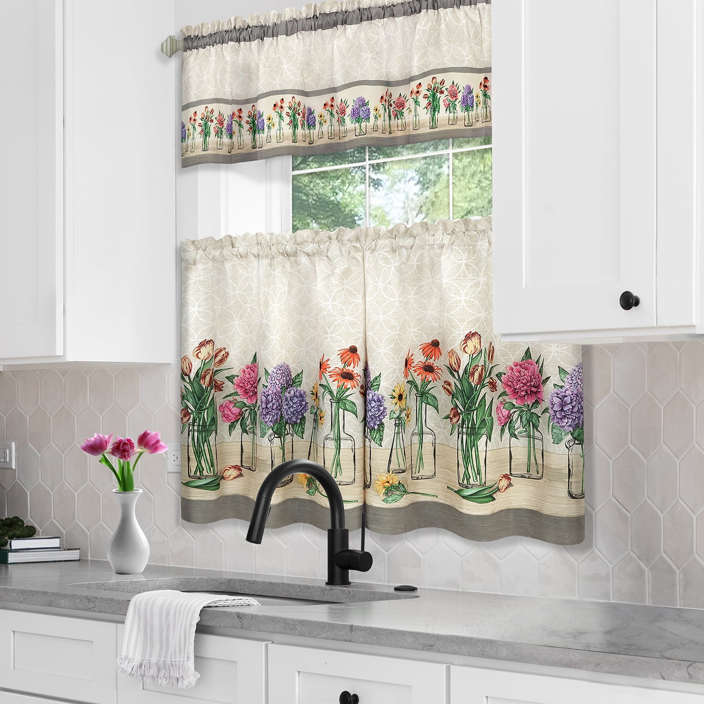 Woven Trends 3-Piece Elegant Floral Printed Pattern Window Kitchen ...