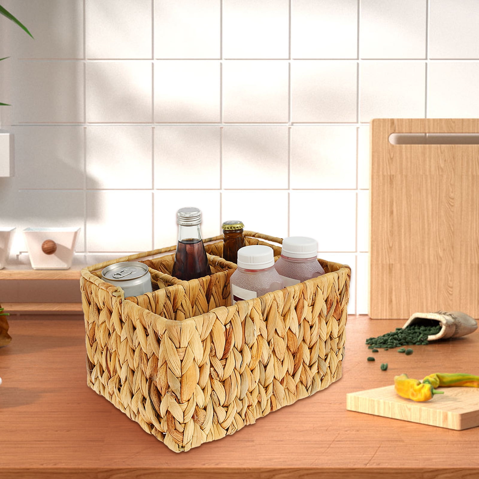 Woven Utensil Caddy with 4 Compartments and Handle Natural Utensil ...