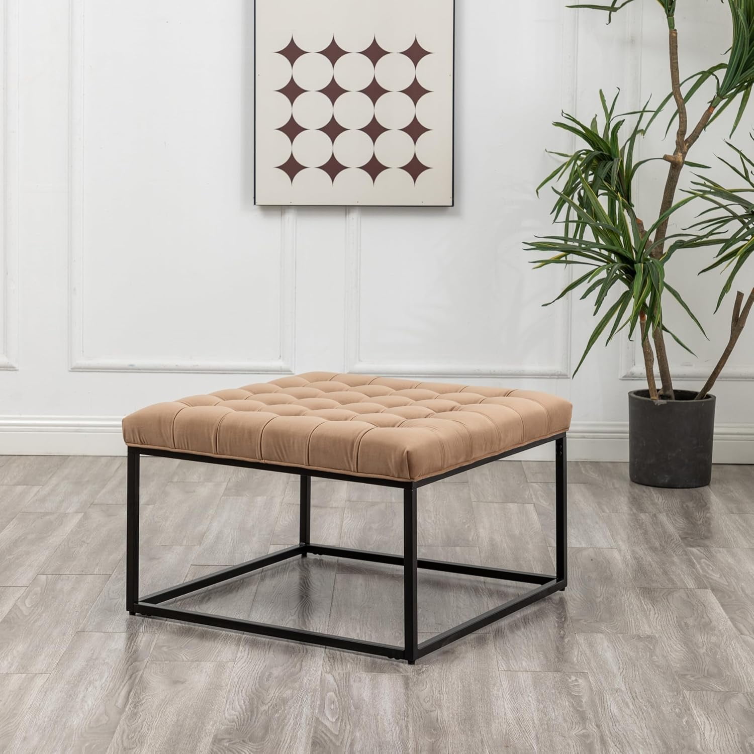 Wovenbyrd Modern Square Button Tufted Ottoman Footstool with Metal Base ...