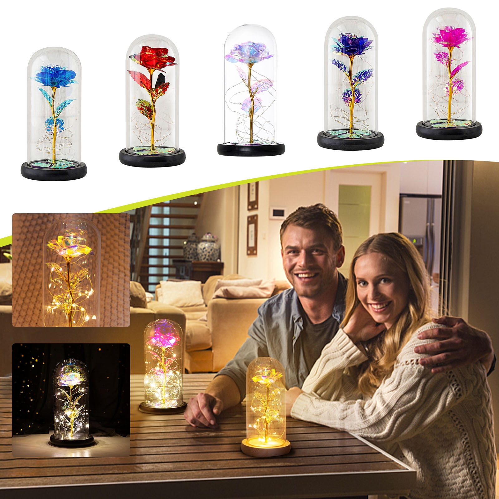 Wovilon Crystal Rose Flower Light in Glass Dome(Blue, Warm Light), Rose ...
