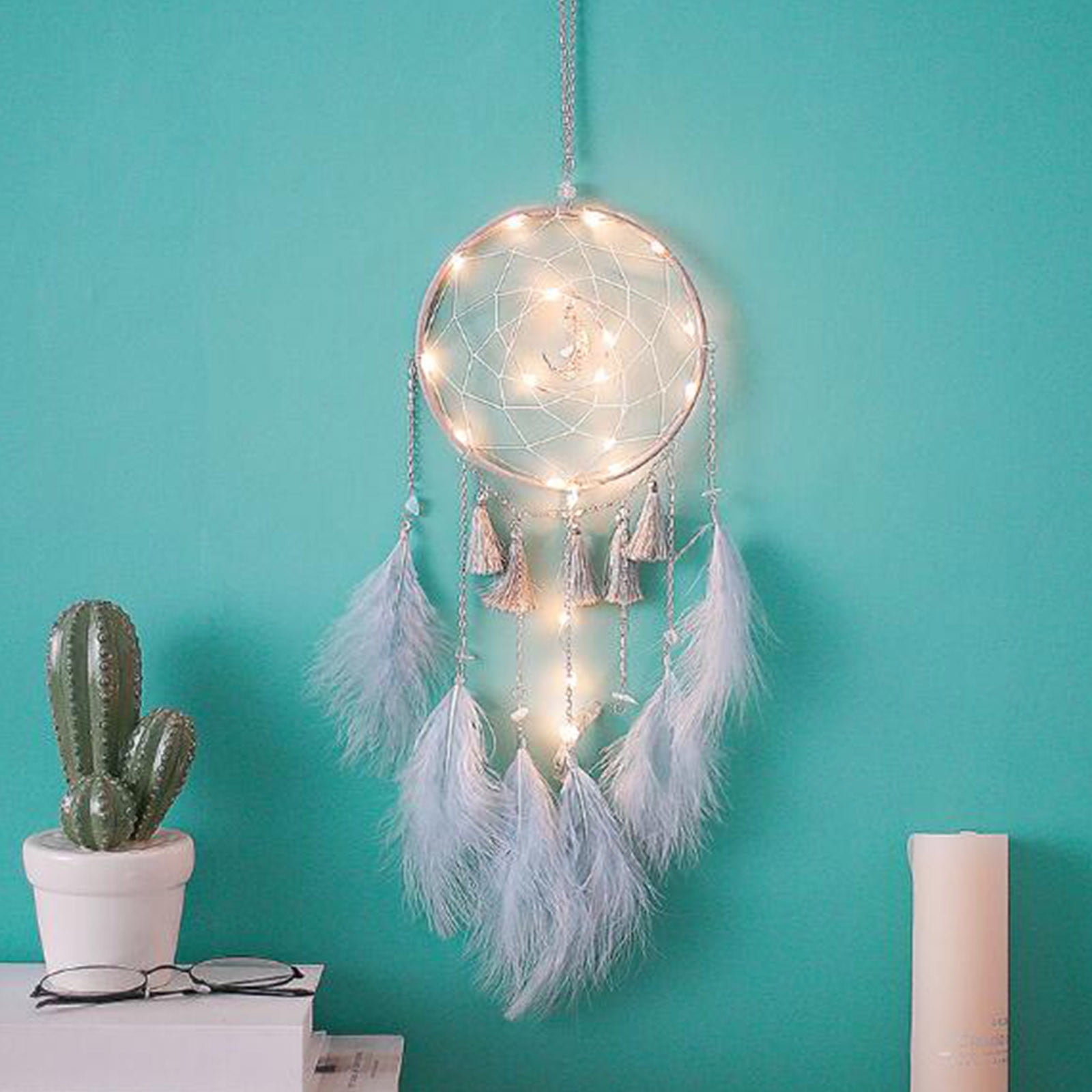 Wovilon Dream Catchers with Feather and Light(Gray), Wind Chime ...