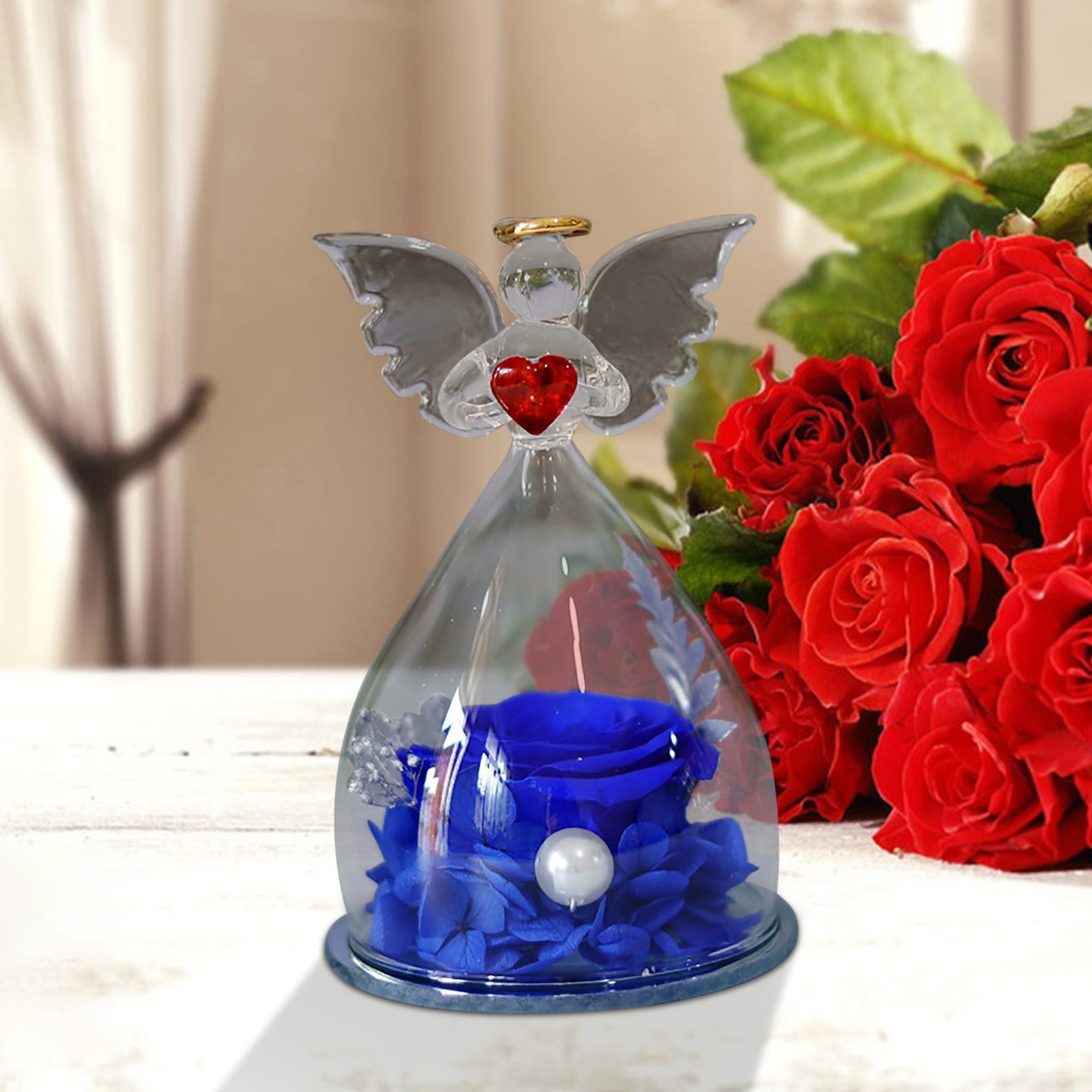 Wovilon Glass Red Heart Angel Figurines Preserved Rose - Angel Rose ...