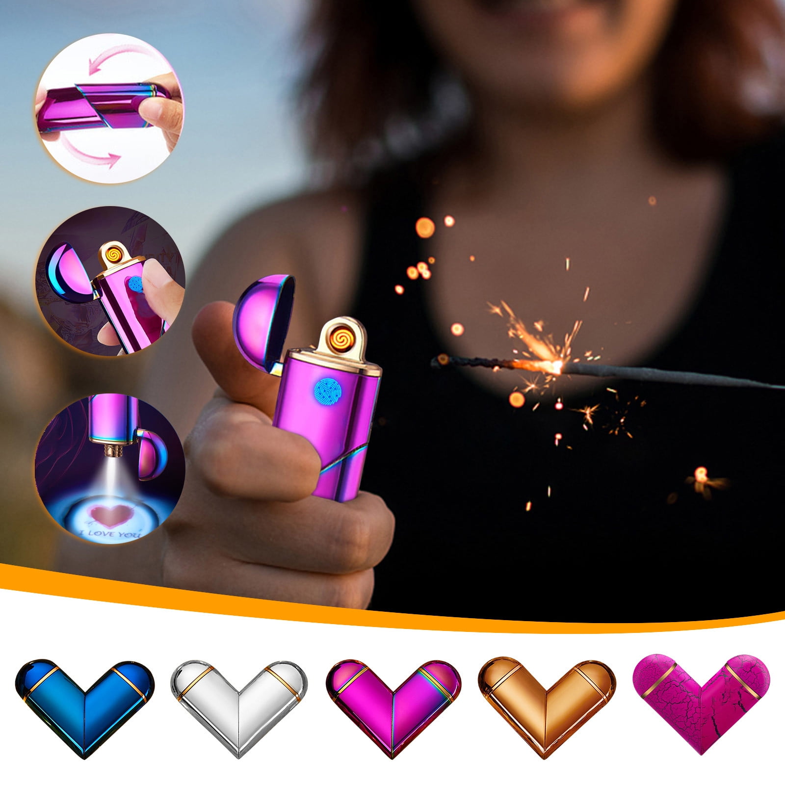 Wovilon Heart Shape Foldable USB Lighter with Light, Electric Flameless ...