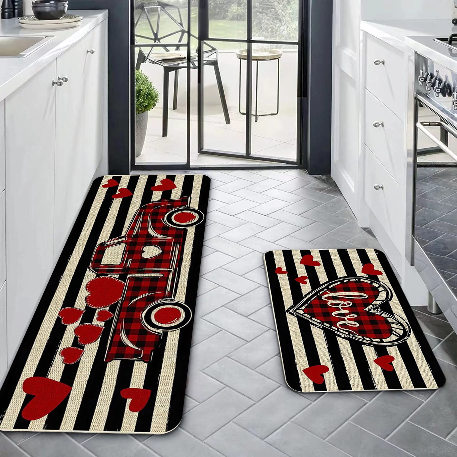 Wovilon Valentine's Day Kitchen Mats Set of 2 (Wedding Car Heart), Non ...