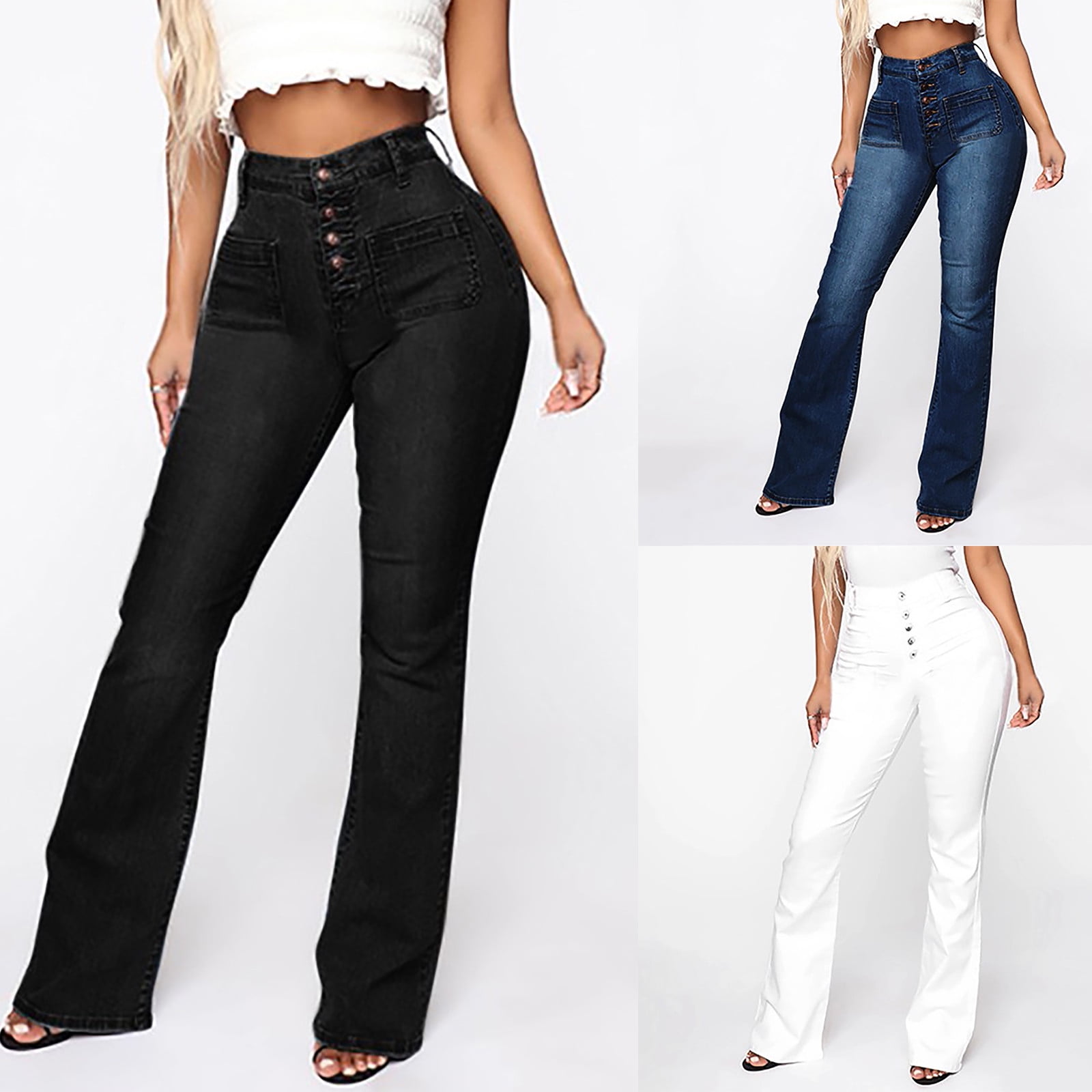 Women Button Up Bell Bottom Jeans Ripped Flare Fitted Denim Pants Size ...