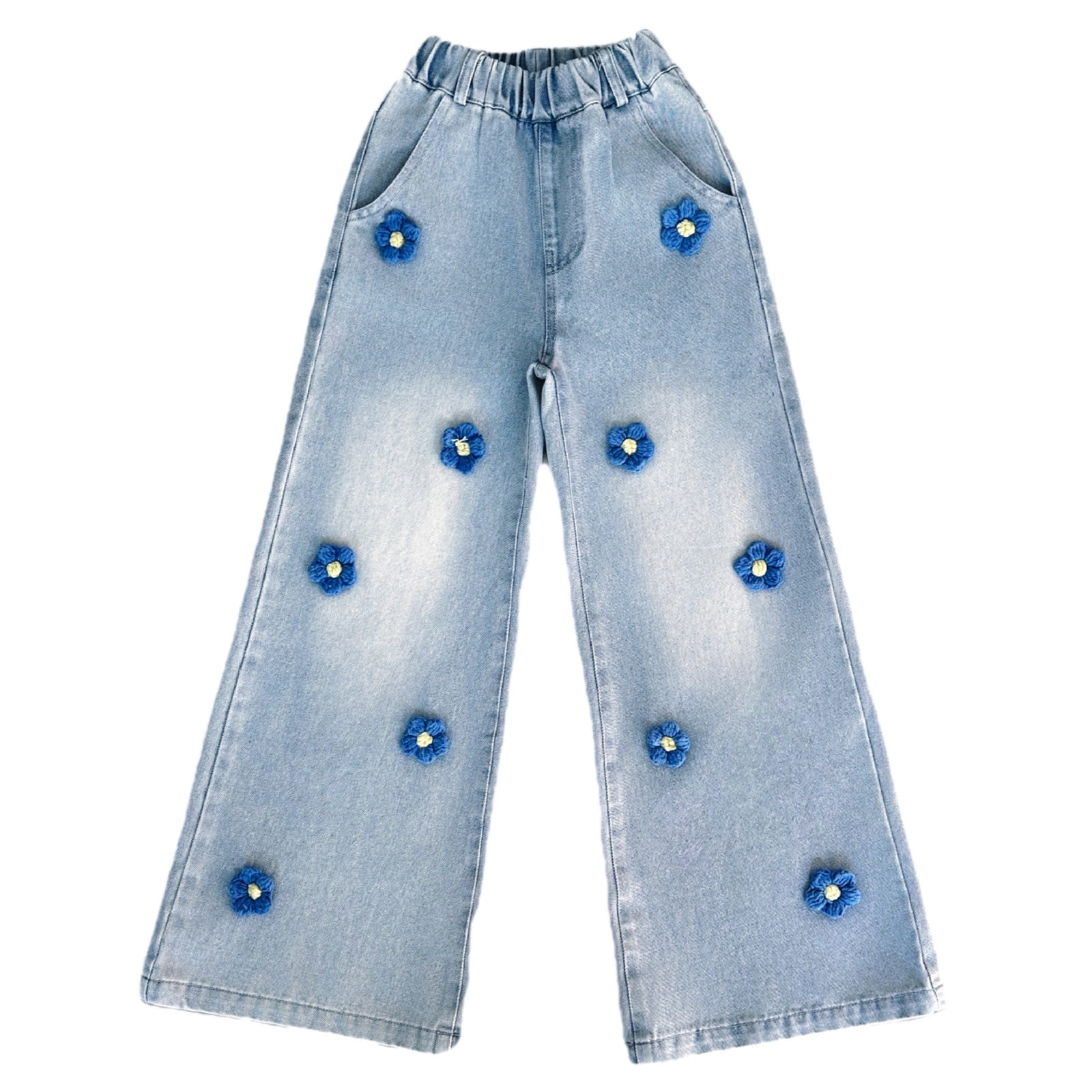 Wovix Girls Wide Leg Jeans Baggy Flower Print Elastic High Waist ...