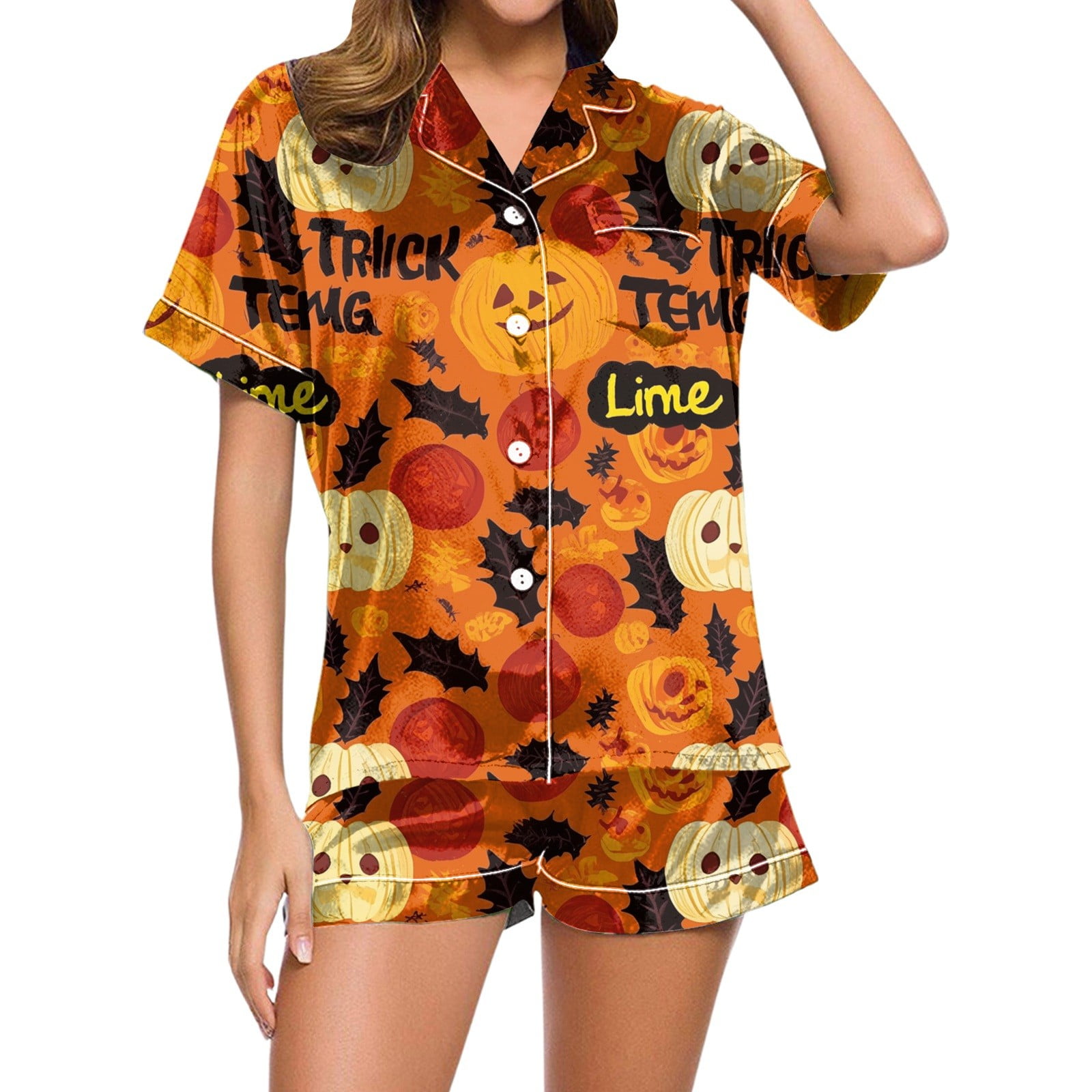 Wovix Halloween Pajamas For Women Set Fall Pjs 4 Piece Print Set Short ...