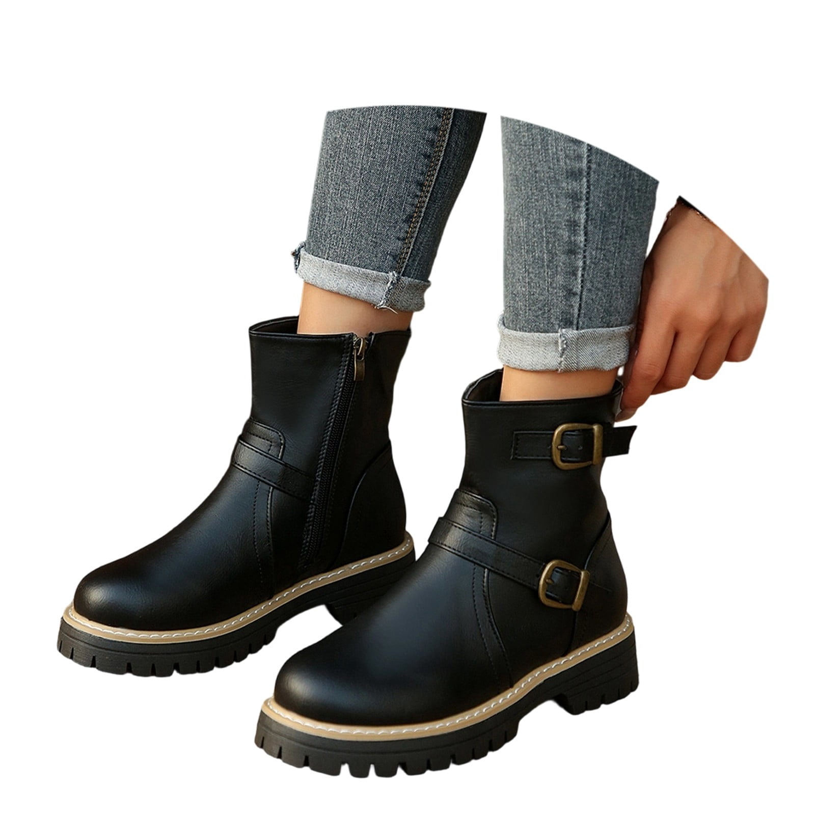 Wovix Women's Ankle Short Round Toe Booties Low Heel with Zip Trendy ...