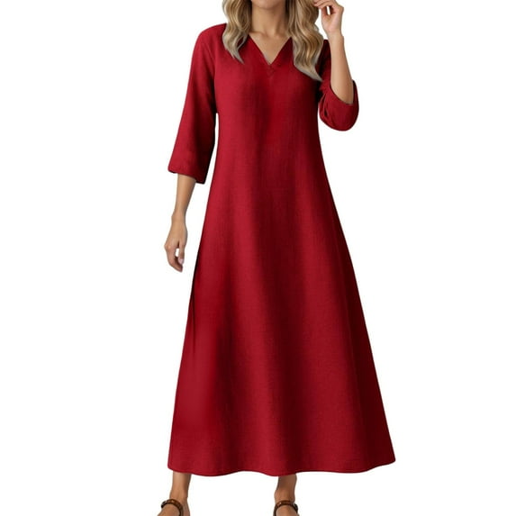 Wovix Women's Maxi Dress 3/4 Sleeve V Neck Solid Plus Size Loose Cotton ...