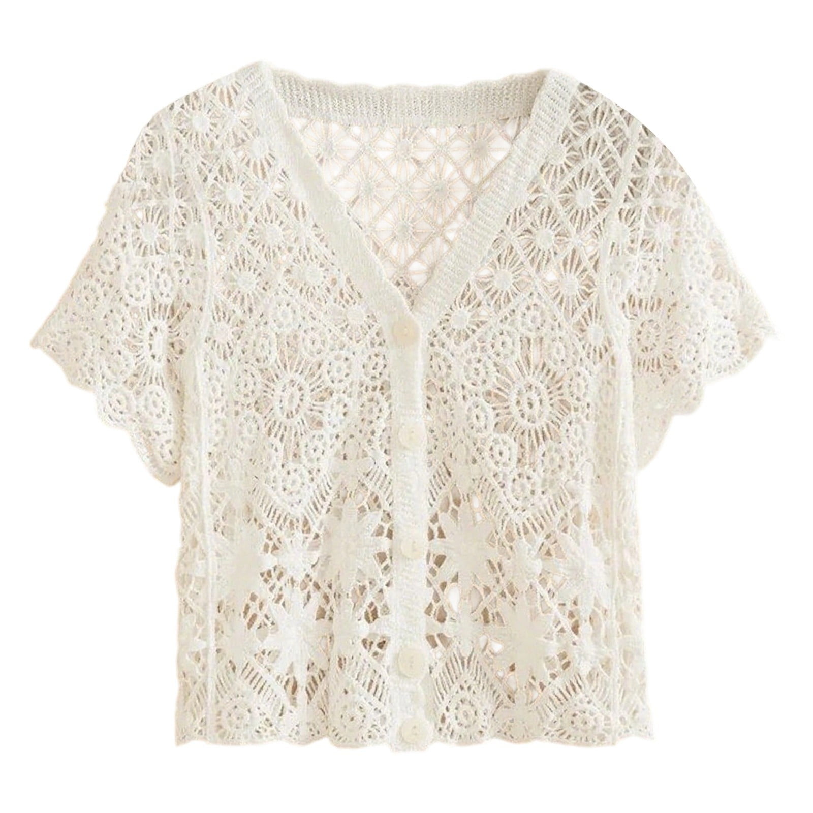 Wovix Women's Short Sleeve V Neck Crochet Lace Open Cardigan Trendy ...