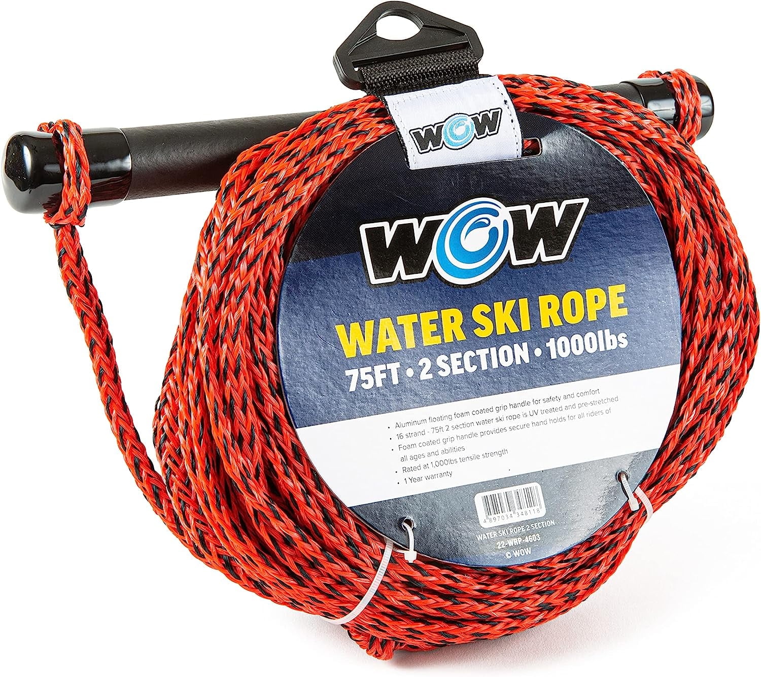 WOW Sports 75' Towing Rope for Wakeboard, Water Ski and Wakesurf, 2 ...