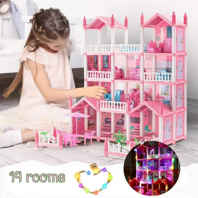 WowSmile Deluxe Doll House with 14 Rooms, 3 Dolls, Furniture, Slide ...