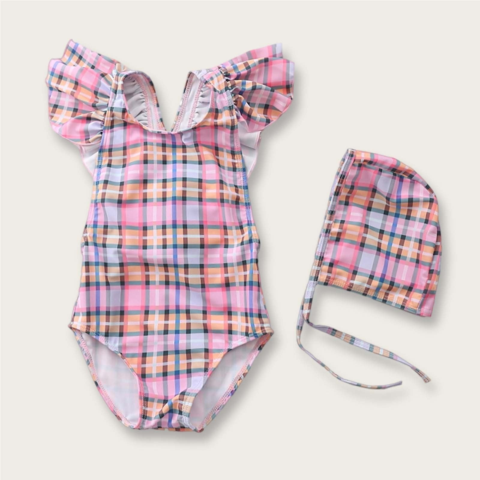 Wowcloth Girl's Checkered One-Piece Swimsuit with Swim Cap, Summer ...