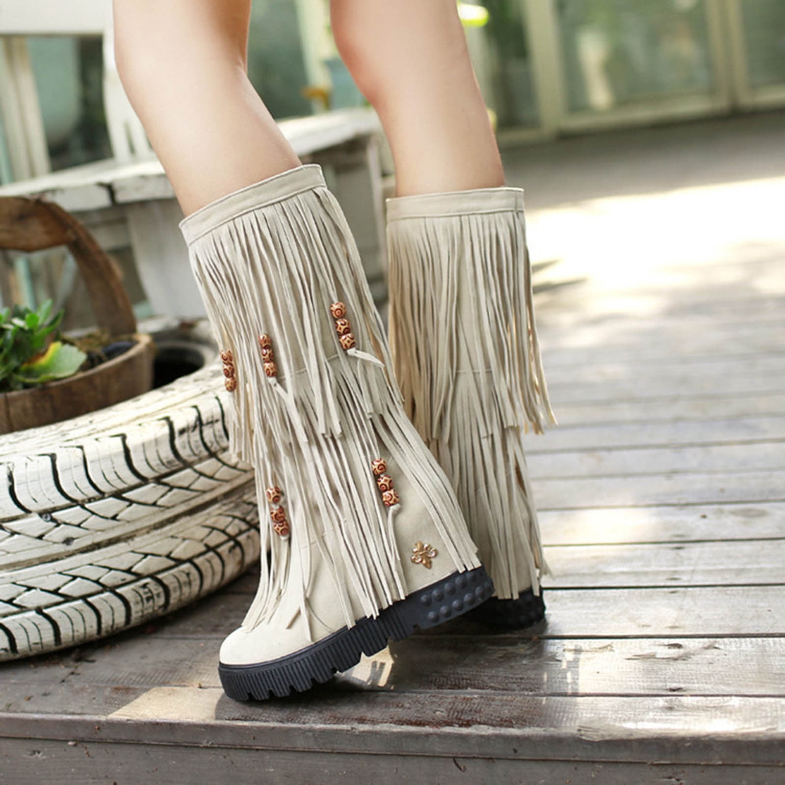 Wowcloth High Shaft Boots for Women – Stylish Ethnic-Chic Beaded Fringe ...
