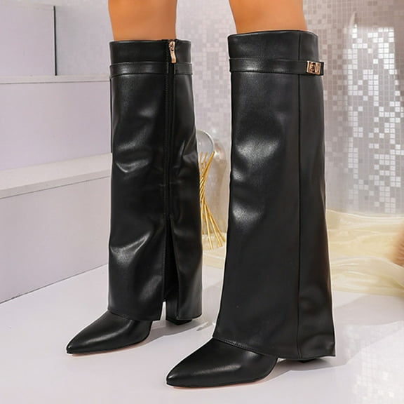 Women Faux Suede Knee High Side Zipper Chunky Heel Stretch Winter Boots ...