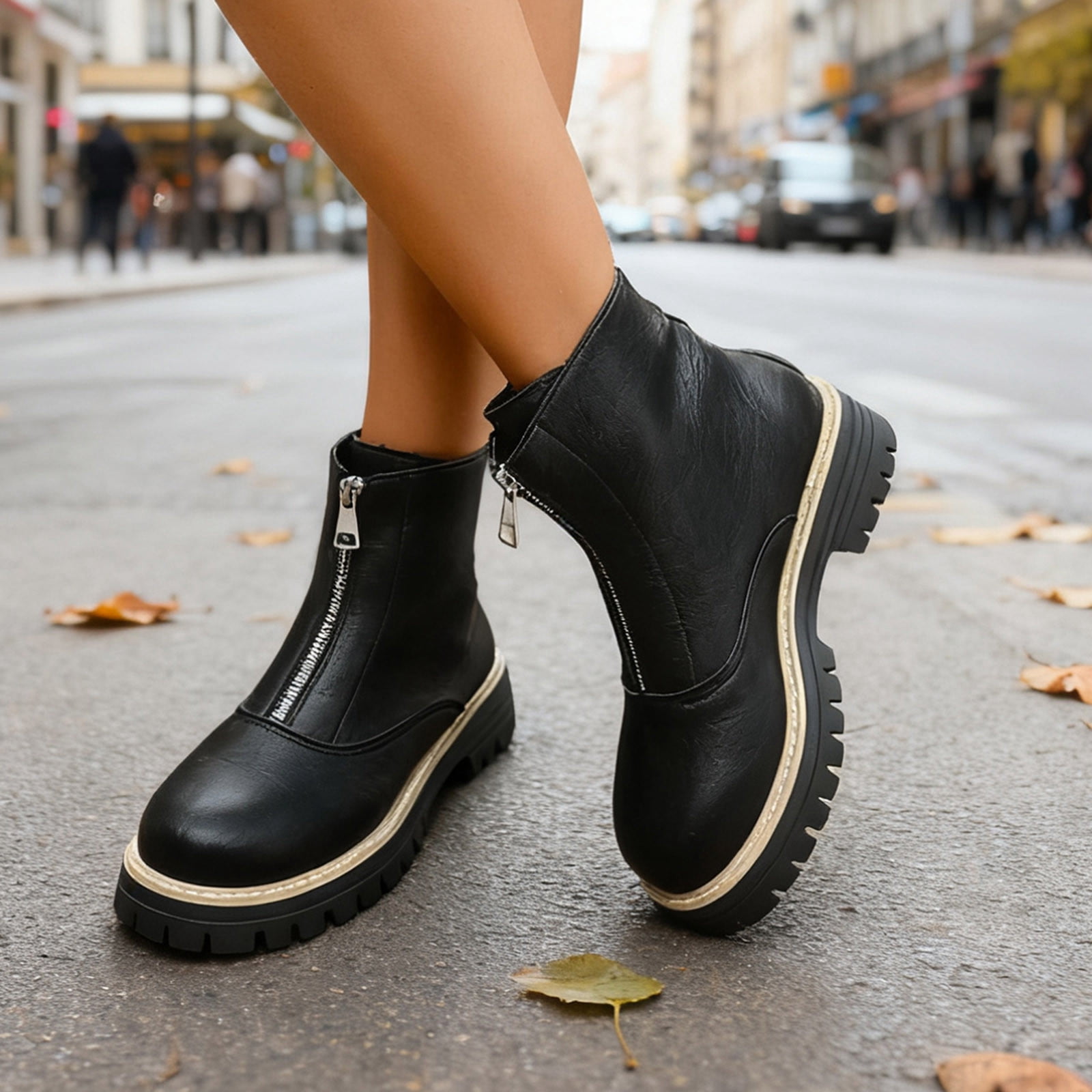 Wowcloth Woman's Casual Ankle Boots, Front Zipper with Chunky Sole ...