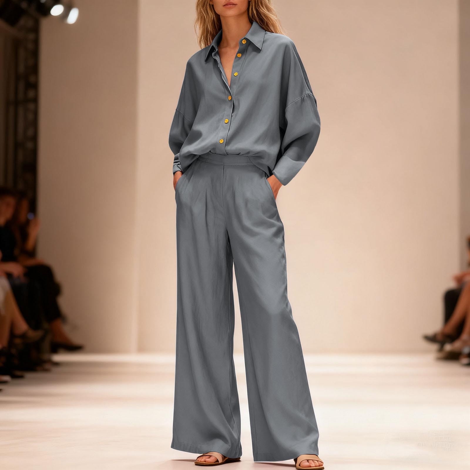 Wowcloth Woman's Casual Linen Shirt and Wide-Leg Pants Set, Solid Color ...