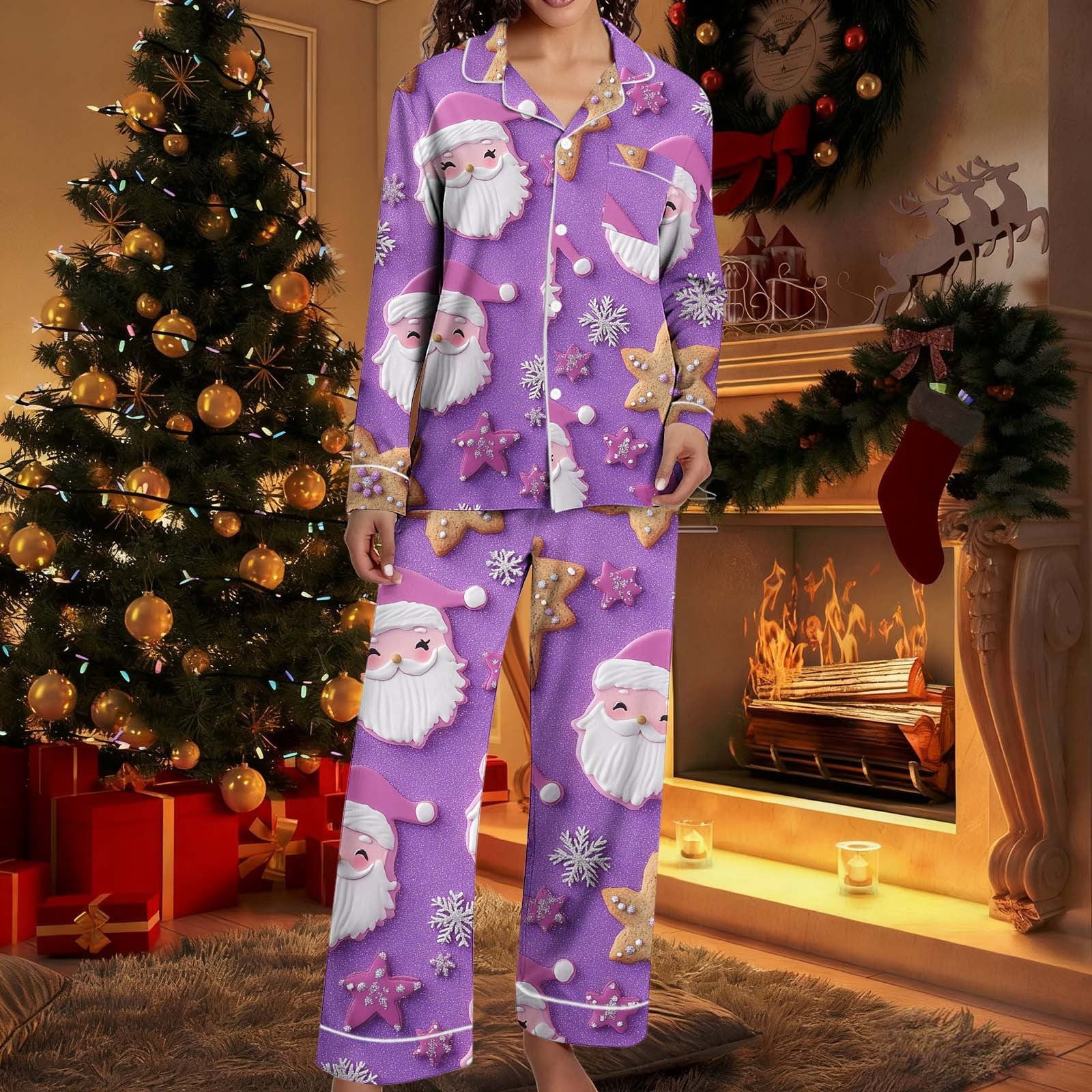 Wowcloth Woman's Long Sleeve Hooded Pajama Set, Festive Sleepwear with ...