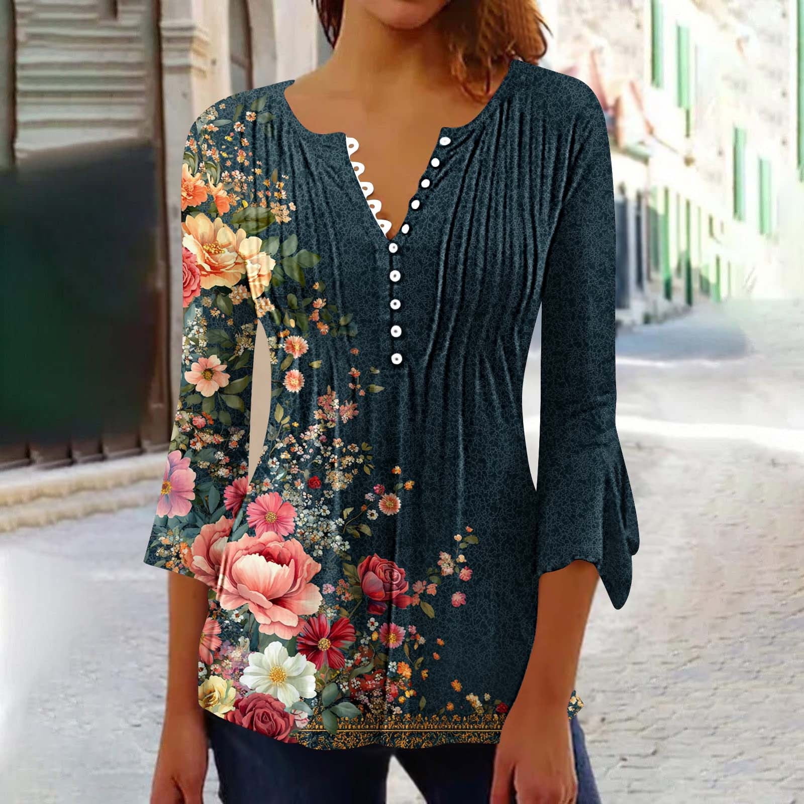 Wowcloth Women's Printed Casual Button Pleated Belted Horn 3/4 Sleeve ...