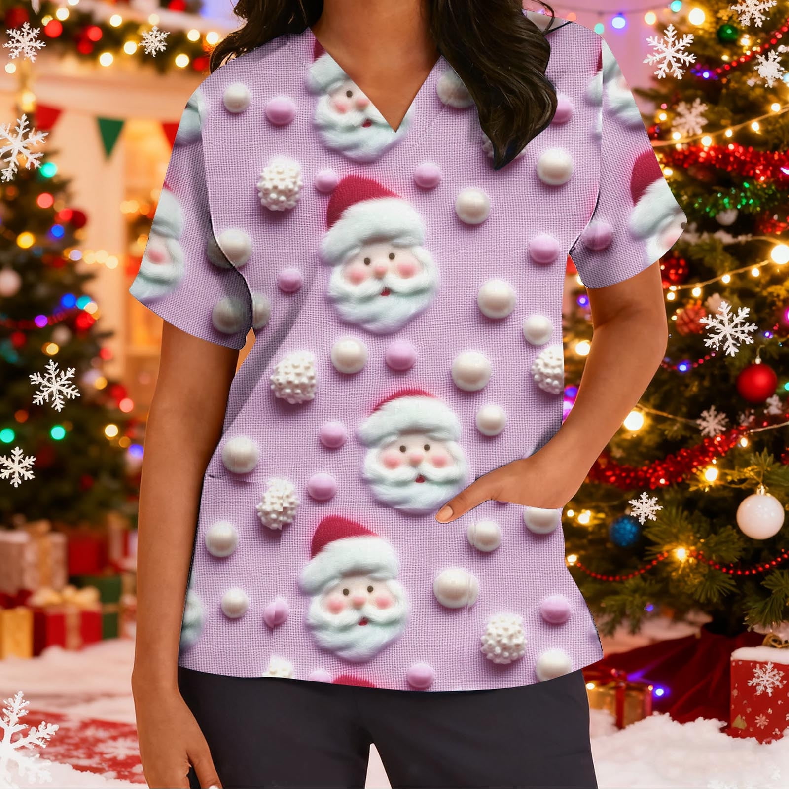 Wowcloth Women's Short Sleeve V-Neck Top with Christmas Print Pocket ...