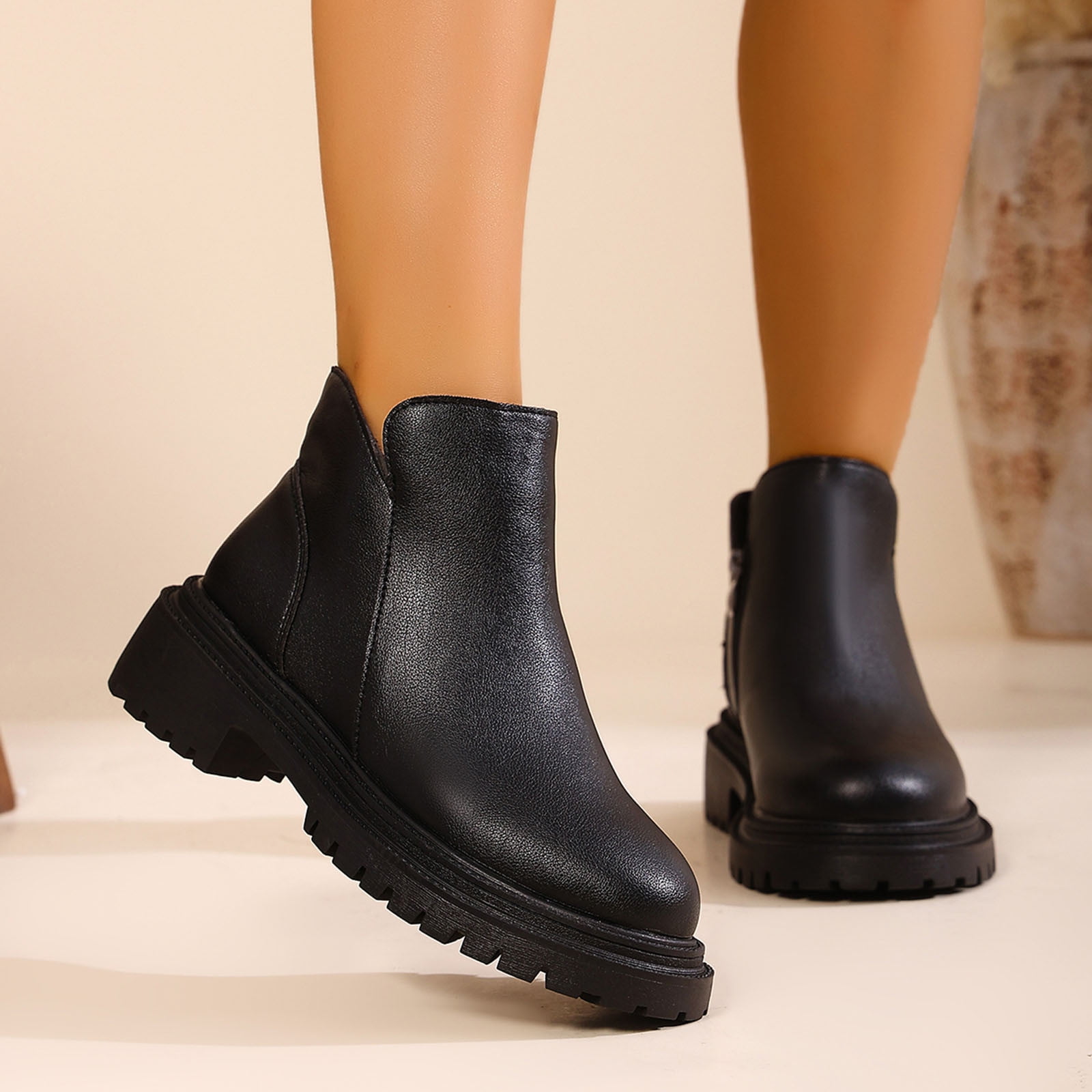 Wowcloth Women's Side Zipper Boots - Wide Size Chunky Heel Round Toe ...