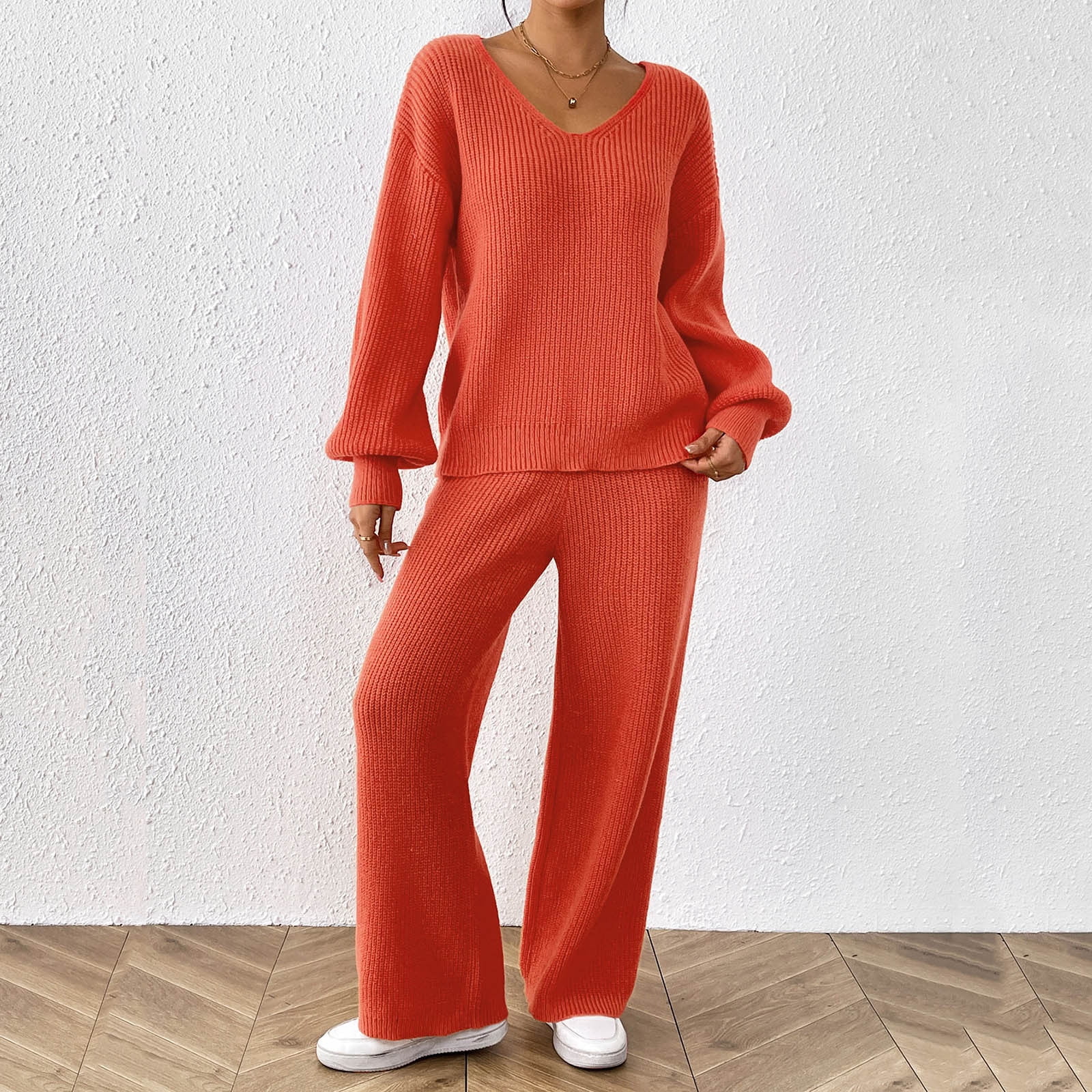 Wowcloth Women's V-Neck Long Sleeve Knit Sweater and Straight Leg ...