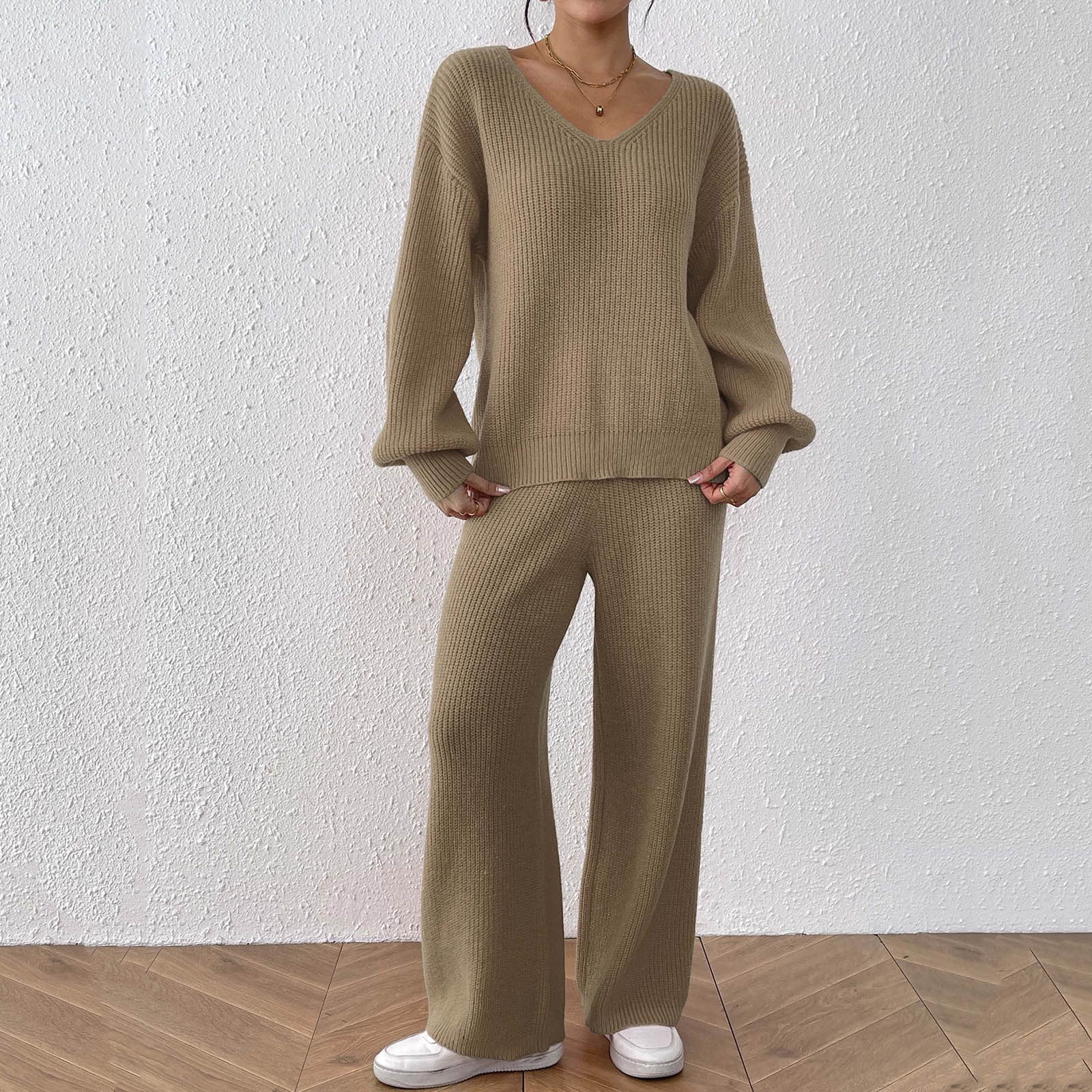 Wowcloth Women's V-Neck Long Sleeve Knit Sweater and Straight Leg ...