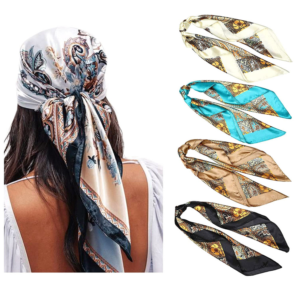Wowkaka 90 x 90 cm Large Square Scarves for Women 4 Pieces Women Silky ...
