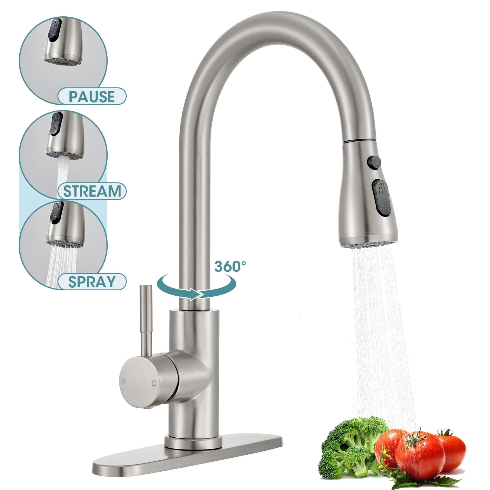 Wowkk Sanitary Ware Kitchen Sink Faucet with Pull Down Sprayer, Single ...