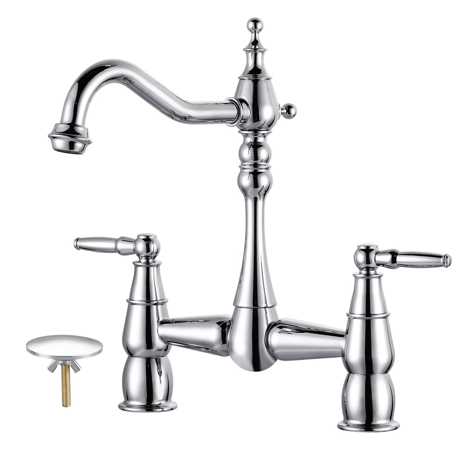 Wowow Brass Bridge Centerset Kitchen Faucet for Sink, 2 Handle 2 Hole 360 Degree Swivel Faucets ...