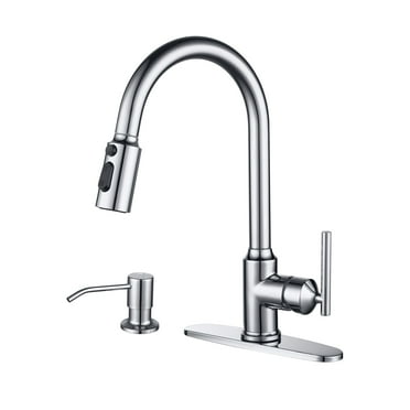 Wowow Stainless Steel 3-Functions Single-Handle Pull Down Sprayer Kitchen Faucet with Deck Plate ...