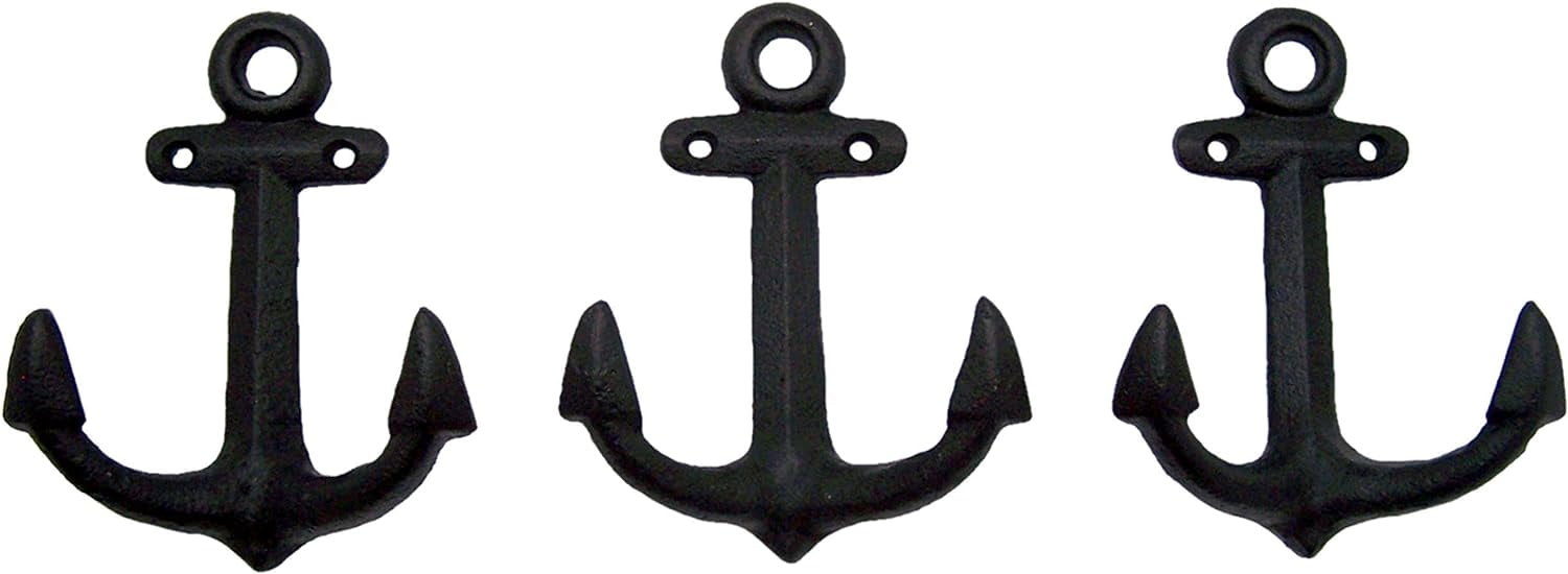 Wowser Brands Black Cast Iron Ship Anchor Hanging Wall Hooks, Pack of 3 ...