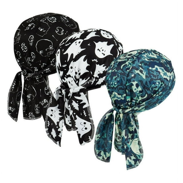 Wowstyle 3 Pcs Do Rags for Men Women Skull Cap Durag Ghost Print Hat ...