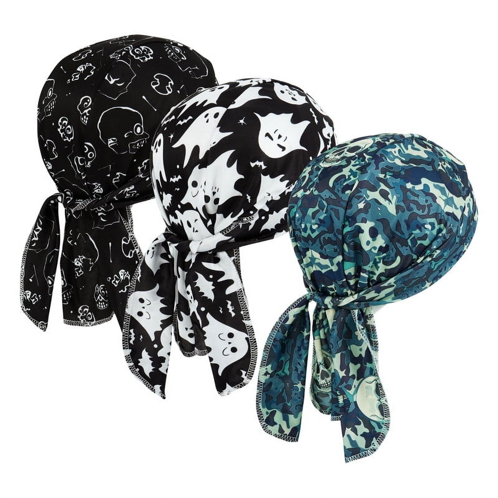 Wowstyle 3 Pcs Do Rags for Men Women Skull Cap Durag Ghost Print Hat ...