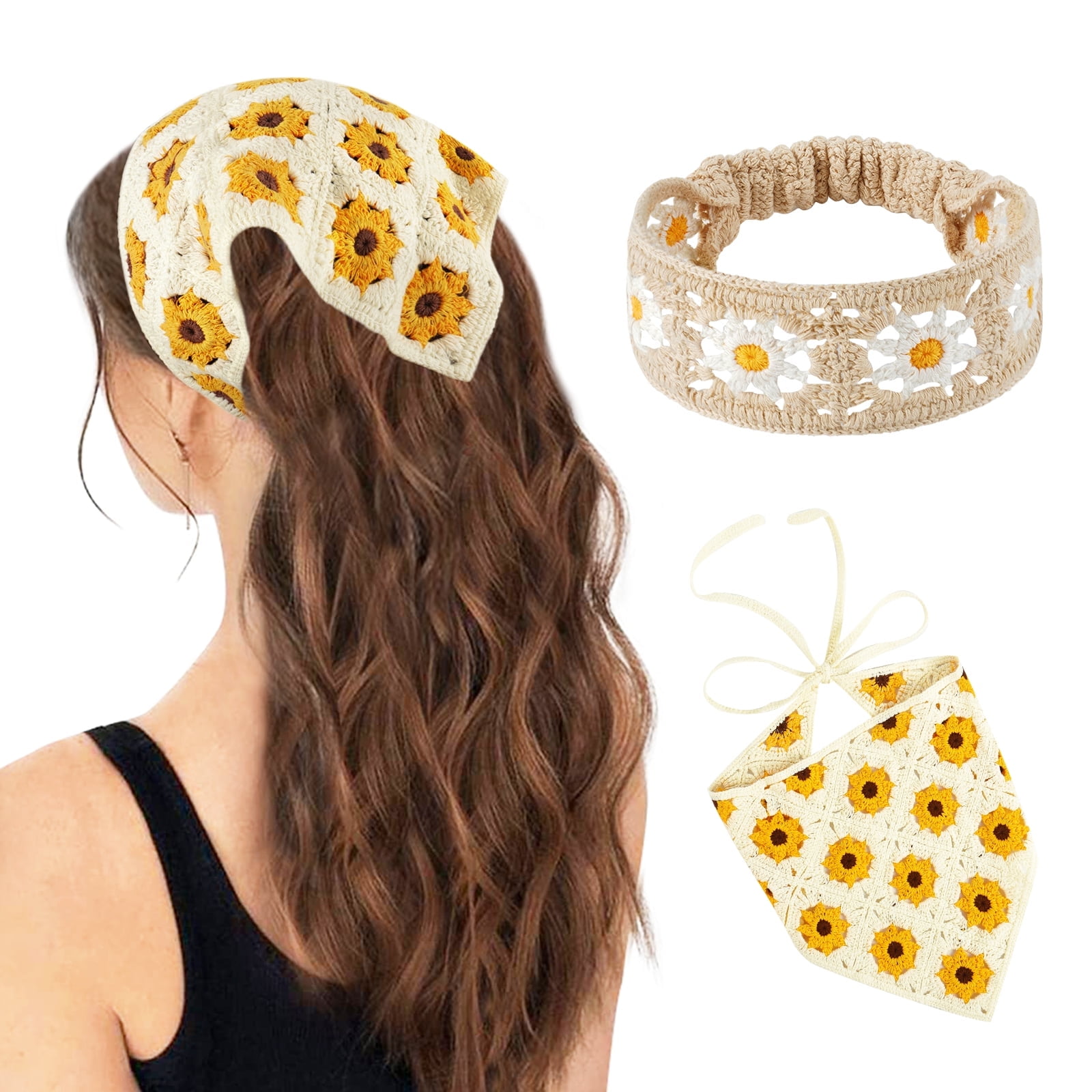 Wowstyle 2 Pcs Sunflower Crochet Bandana Headbands for Women Boho ...