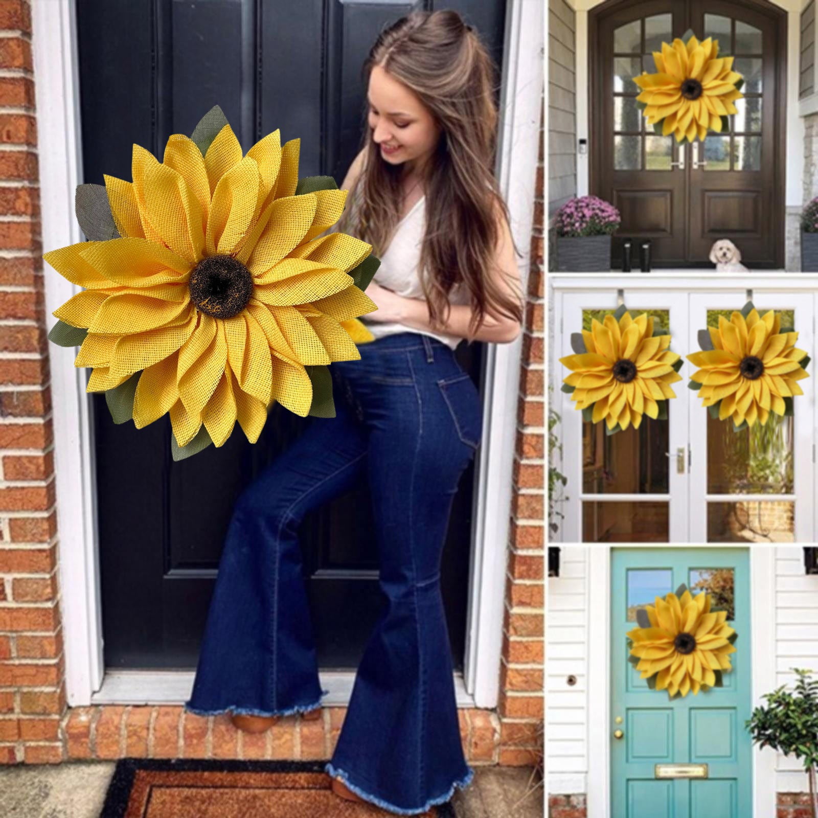 Wozhidaoke Floral Artificial Sunflower Wreath Yellow Daisy Front Door ...