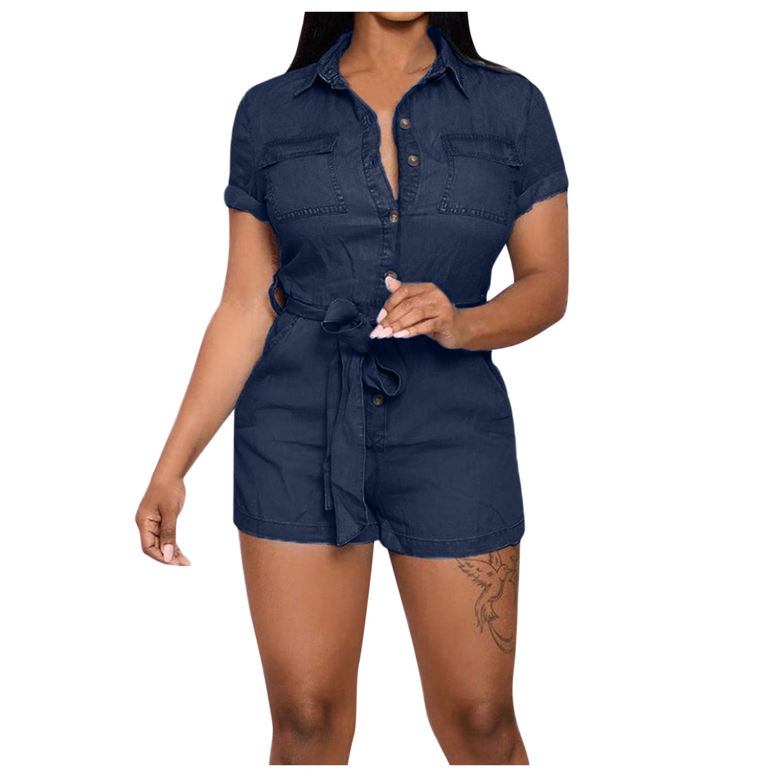 Wozhidaoke Jean Shorts Womens Denim Romper Playsuit Jumpsuit Belt ...