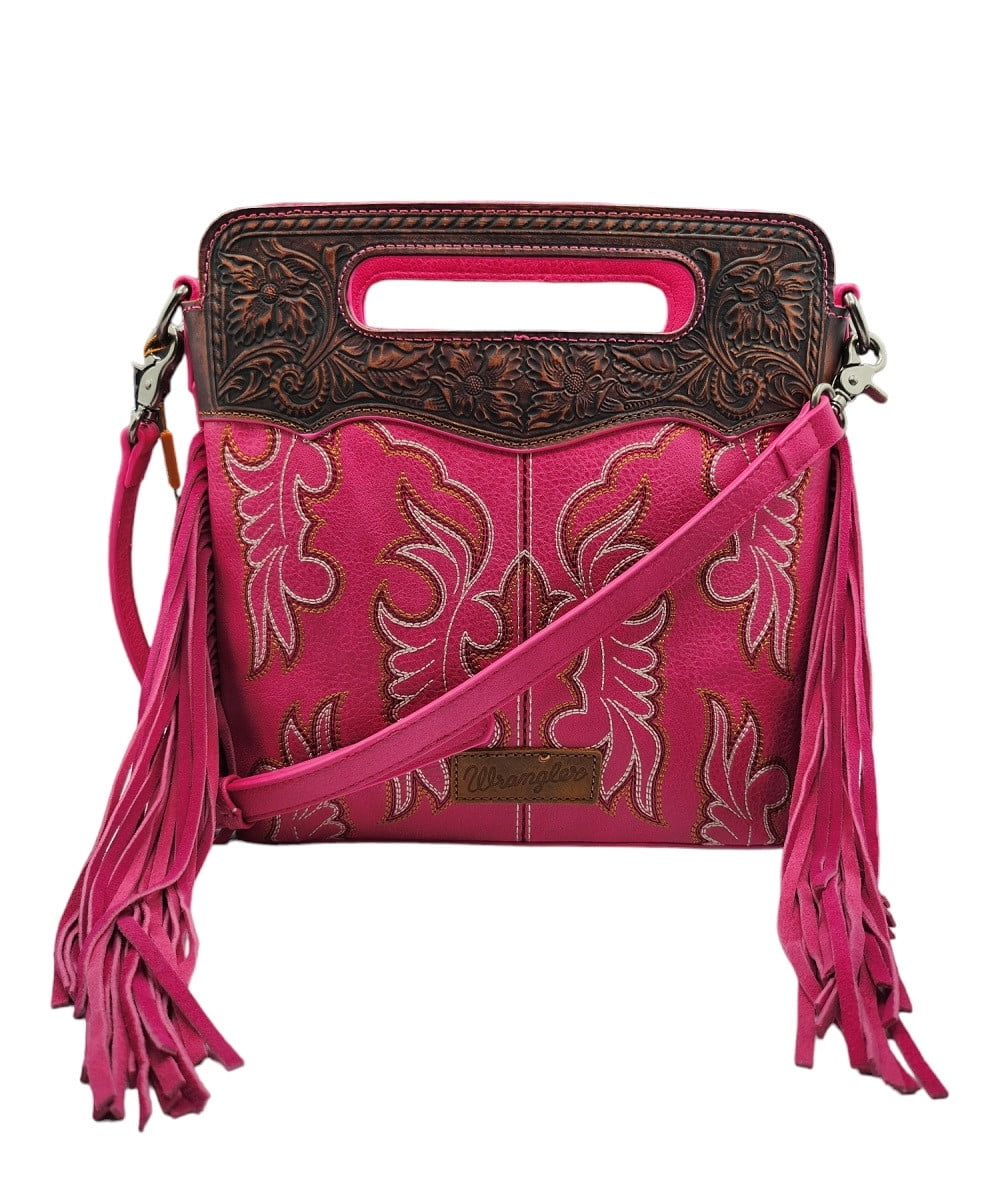 Wrangler Ladies Western Tooled Fringe Hot Pink Crossbody Bag WG110 ...