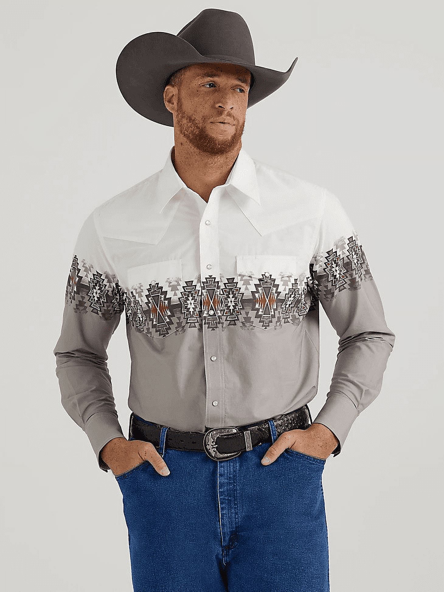 Wrangler Men's Checotah Border Print Long Sleeve Pearl Snap Western ...